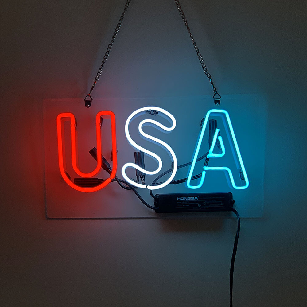 14"x7"USA Neon Sign Light Beer Bar Pub Wall Hanging Real Glass Tube ...