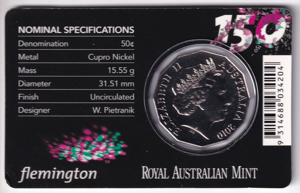 AUSTRALIAN: 2010 50 CENT 150TH RUNNING OF THE MELBOURNE CUP COIN ON ...