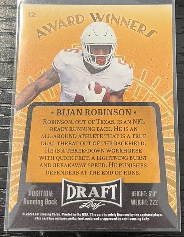 2023 Leaf Draft - Award Winners Gold #12 Bijan Robinson (RC) for sale ...