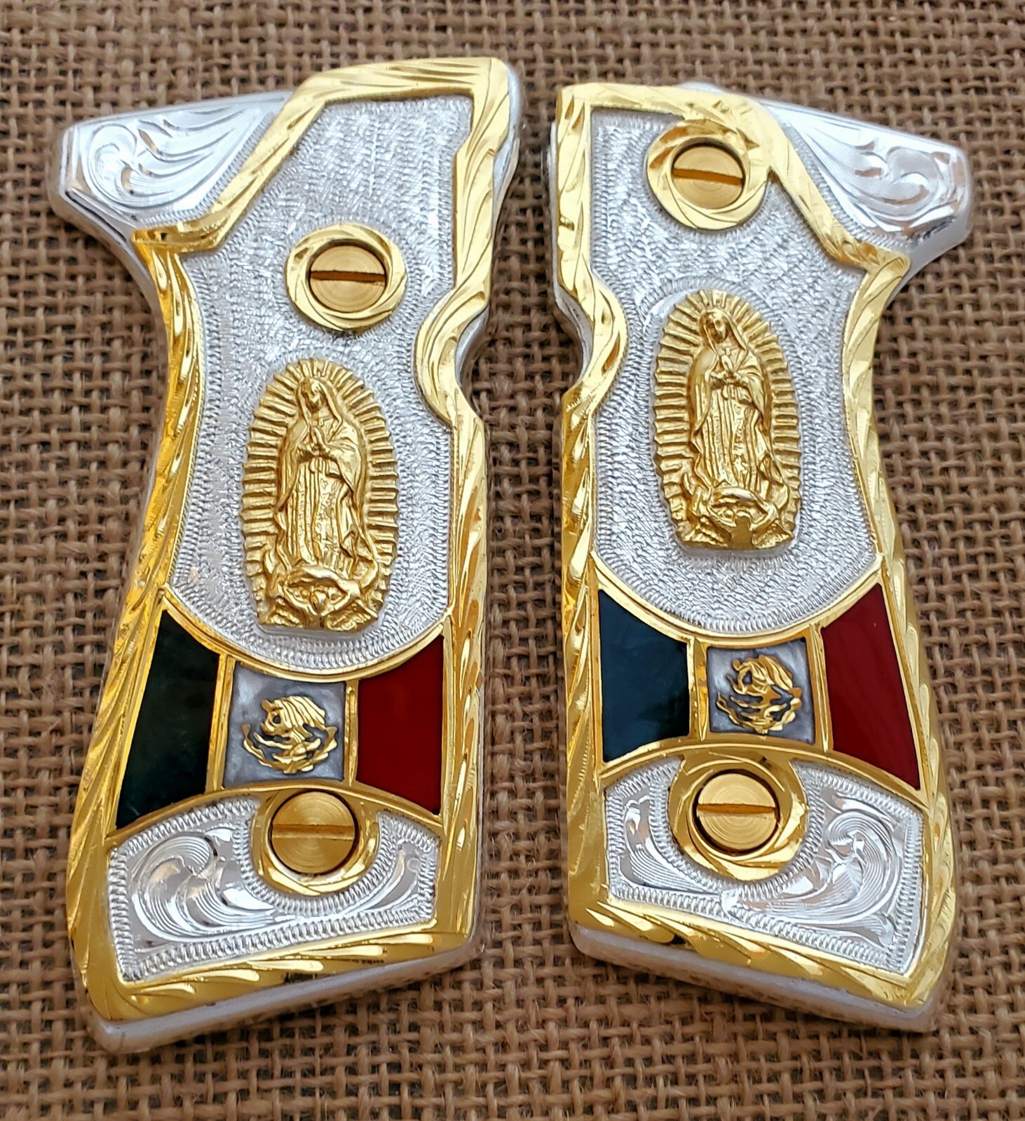 Holy Virgin mary mexico flag Beretta 92fs 9mm gun pistol grips Cachas ...