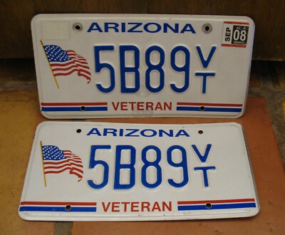 D16 - ARIZONA EMBOSSED VETERAN LICENSE PLATE PAIR 5B89 VT, Used ...