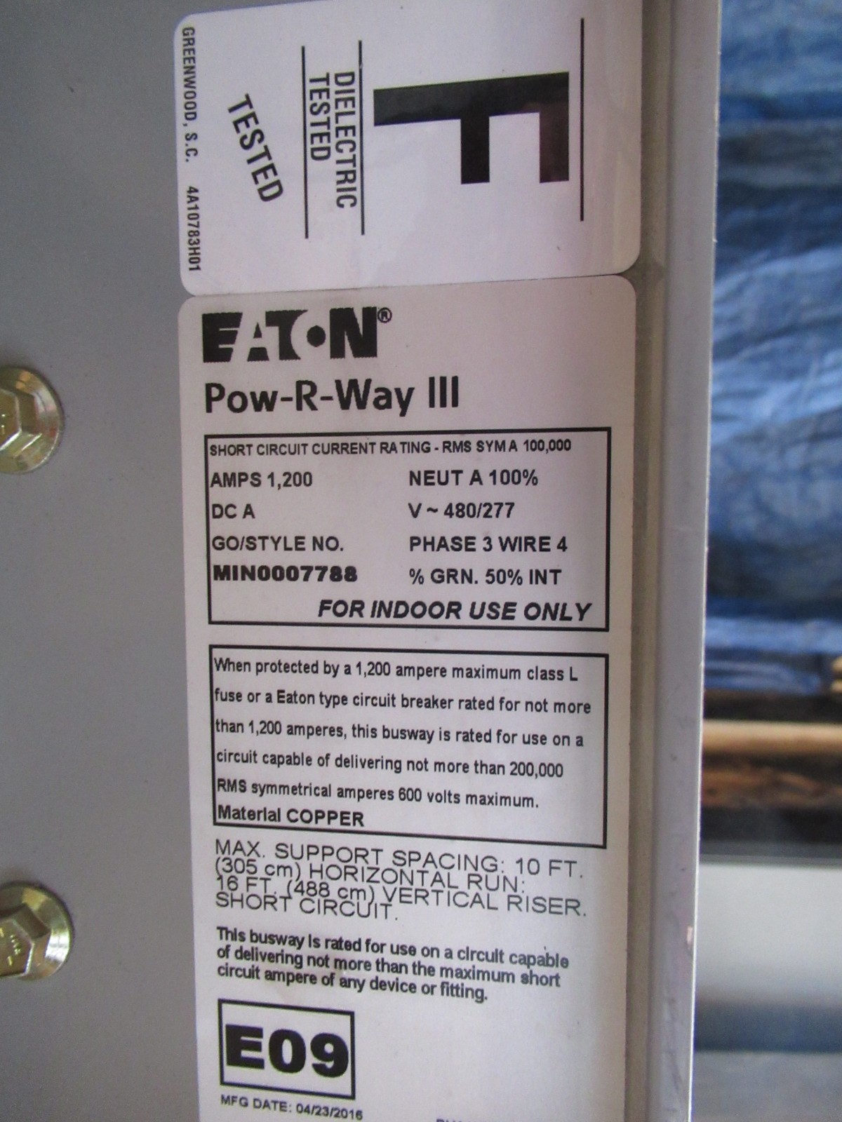 1200 AMP EATON CUTLER HAMMER POW-R-WAY III BUSWAY BUSDUCT CORNER 480 ...