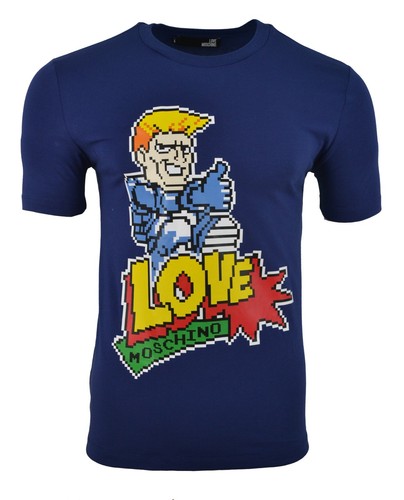 Love Moschino Men T-Shirt Retro Computer Game 8-Bit Print Navy Vintage ...