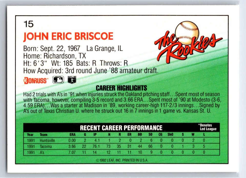 1992 Donruss The Rookies John Briscoe Rookie Oakland Athletics RC #15 ...