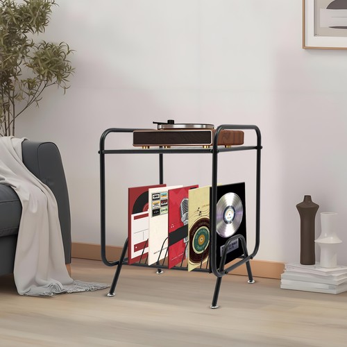 2-Tier Metal Record Player Stand with 16 Slot CD/DVD Storage Holder ...