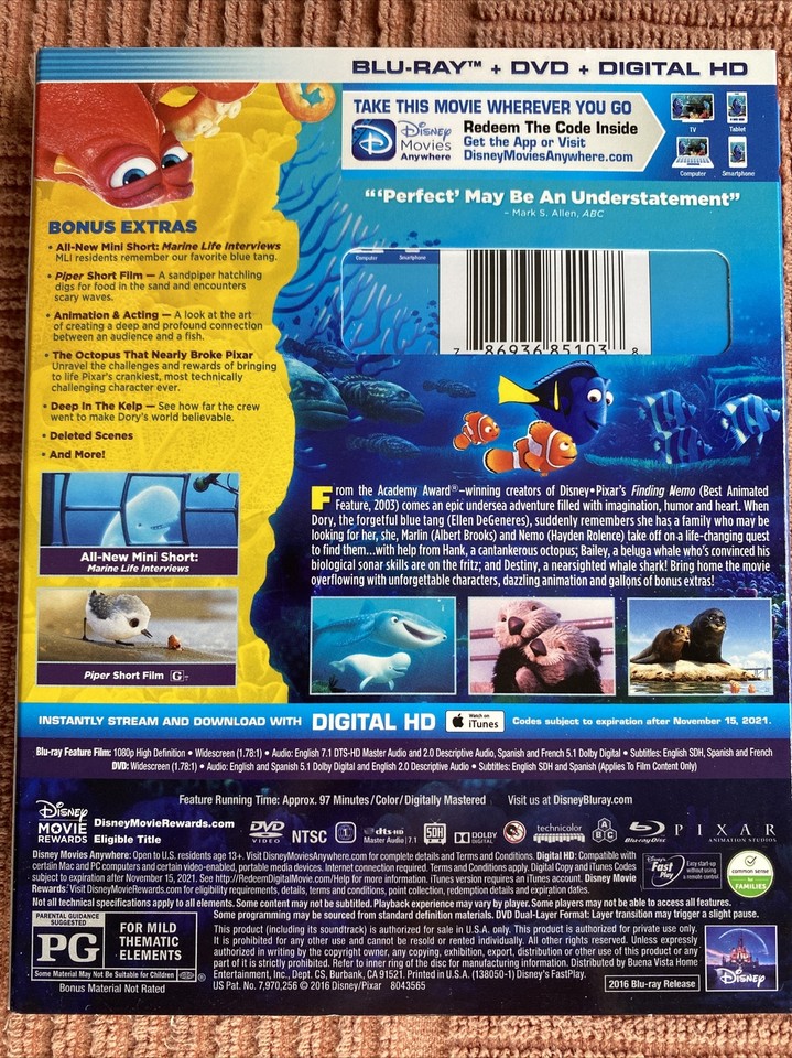 Finding Dory Blu-ray/Dvd combo 786936851038 | eBay