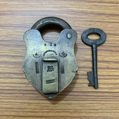 BRASS MINIATURE PADLOCK OR LOCK WITH KEY, OLD OR ANTIQUE, Rare shape ...