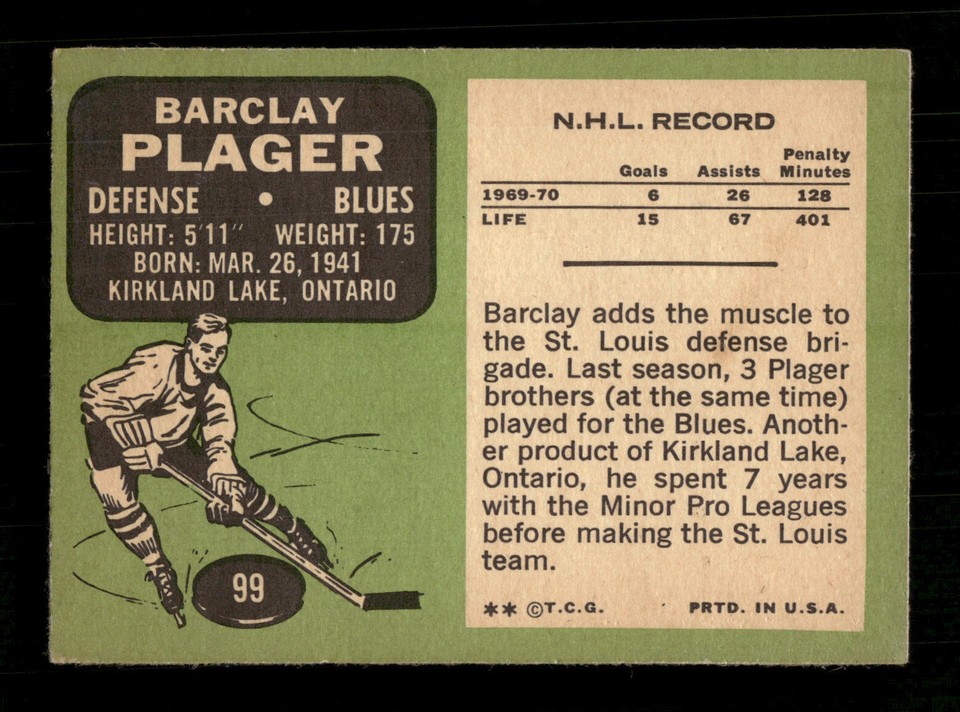 Barclay Plager 1970-71 Topps #99 St. Louis Blues Nice! | eBay