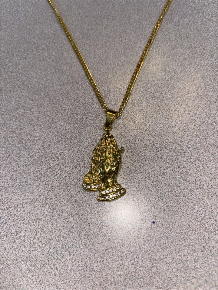 Vintage Y2K Gold Tone Praying Cross Hands CZ Glass Pendant Religious ...