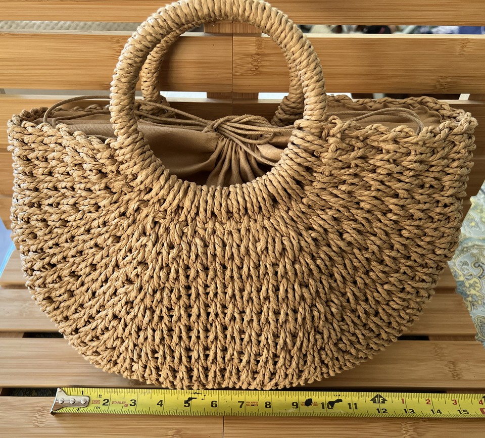 Wicker Woven Tan Handbag Purse W/ Fabric Lining & Drawstring | eBay