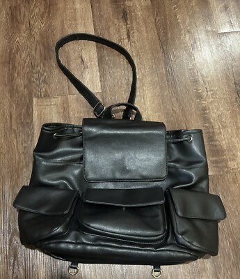 Just Fab Black Faux Leather Pebbled Backpack Adjustable Straps Fold ...