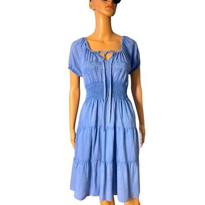 J Gee Dress Womens SP Blue Midi Short Sleeve Embroidered Smocked Tiered ...