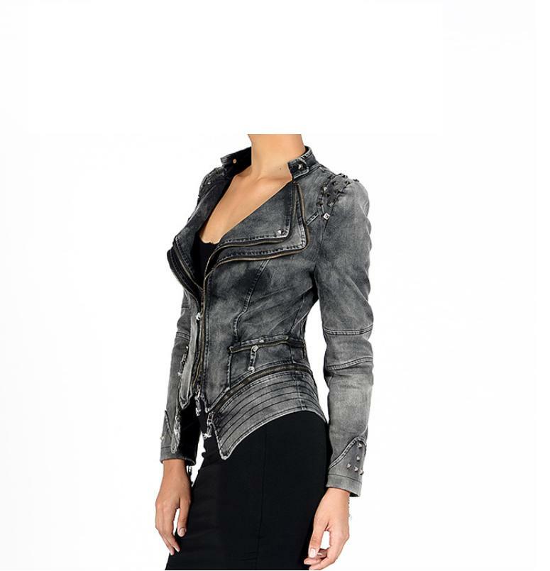 Women's Punk Rivet Denim Short Motorcycle Jacket Coat Slim Fit Zipper ...