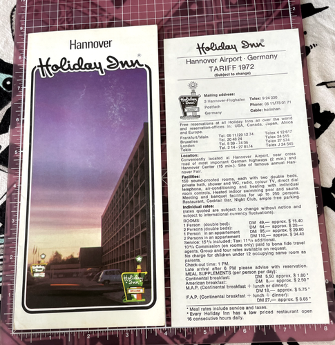 1972 Holiday Inn Brochure & Price Sheet Hanover Germany Airport with ...