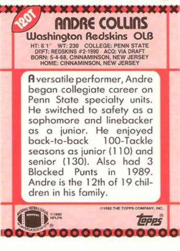 Andre Collins 1990 Topps Traded #120T RC Redskins ID:18893 | eBay