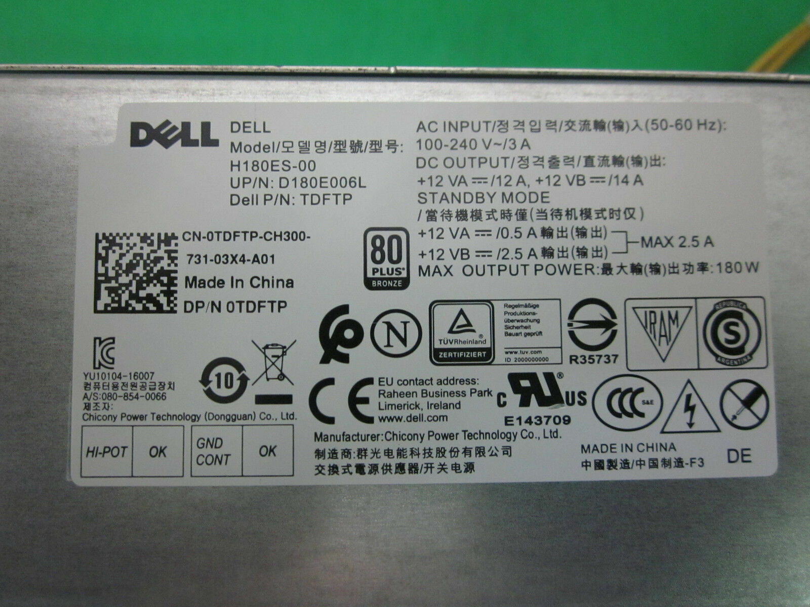 Dell Vostro 3667 3668 3669 3660 Power Spply L180AS-02 L180AS-03 H180ES ...