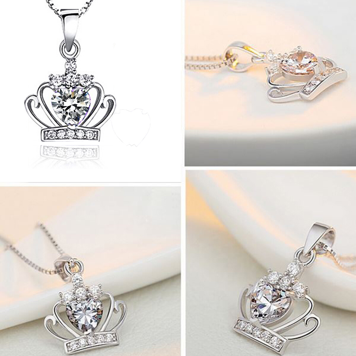 14k White Gold Plated Cubic Zirconia Princess Crown Pendant Necklace | eBay