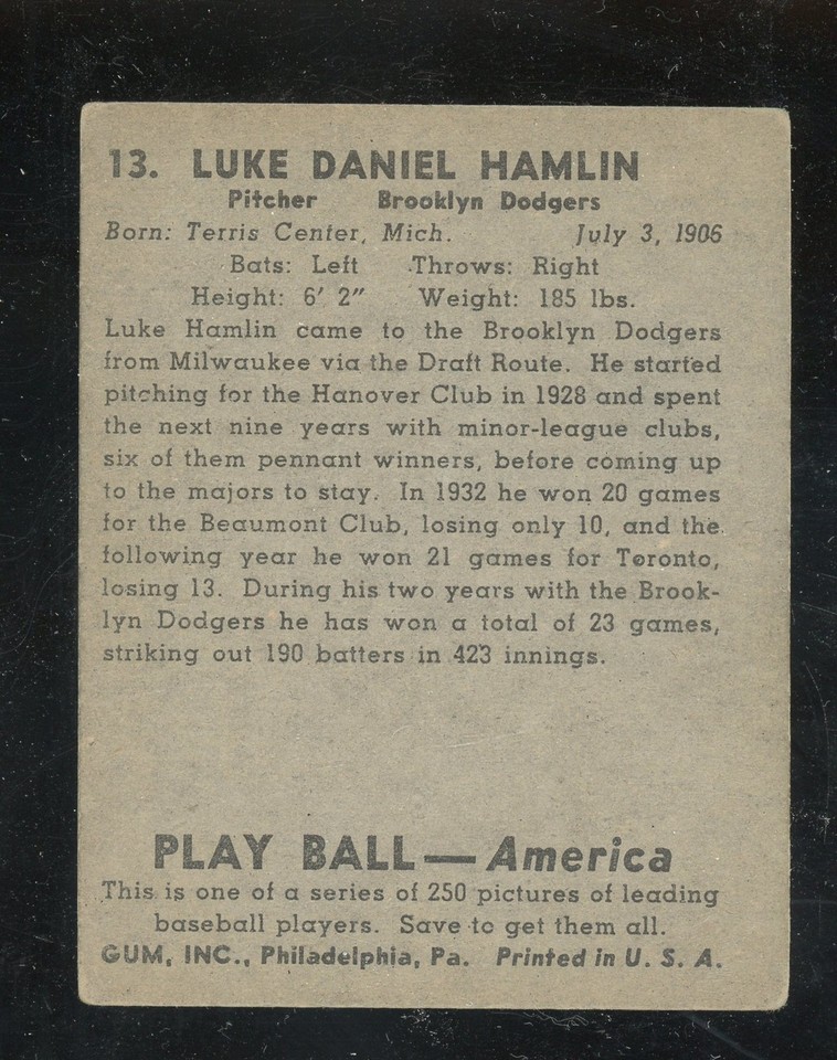 1939 Play Ball #13 Luke Hamlin Dodgers LOOK !!!! | eBay