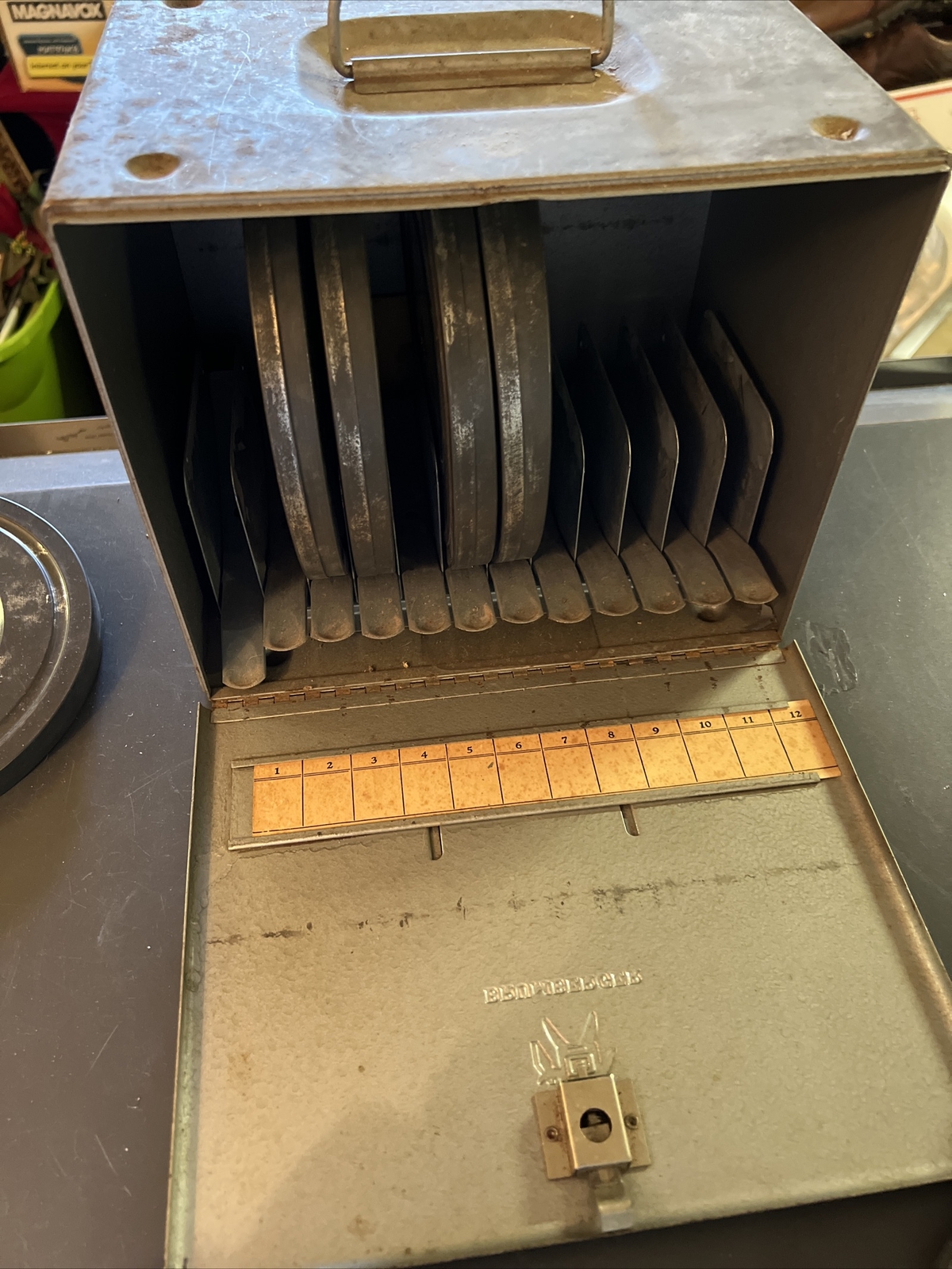 BRUMBERGER gray metal 12 SLOT FILM REEL STORAGE carrying case With 9 ...