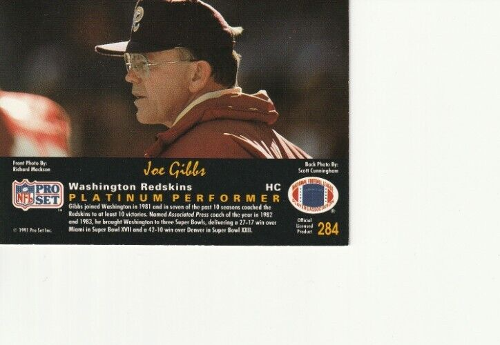 Washington Redskins Joe Gibbs autographed 1991 Pro Set Inc. card #284 ...