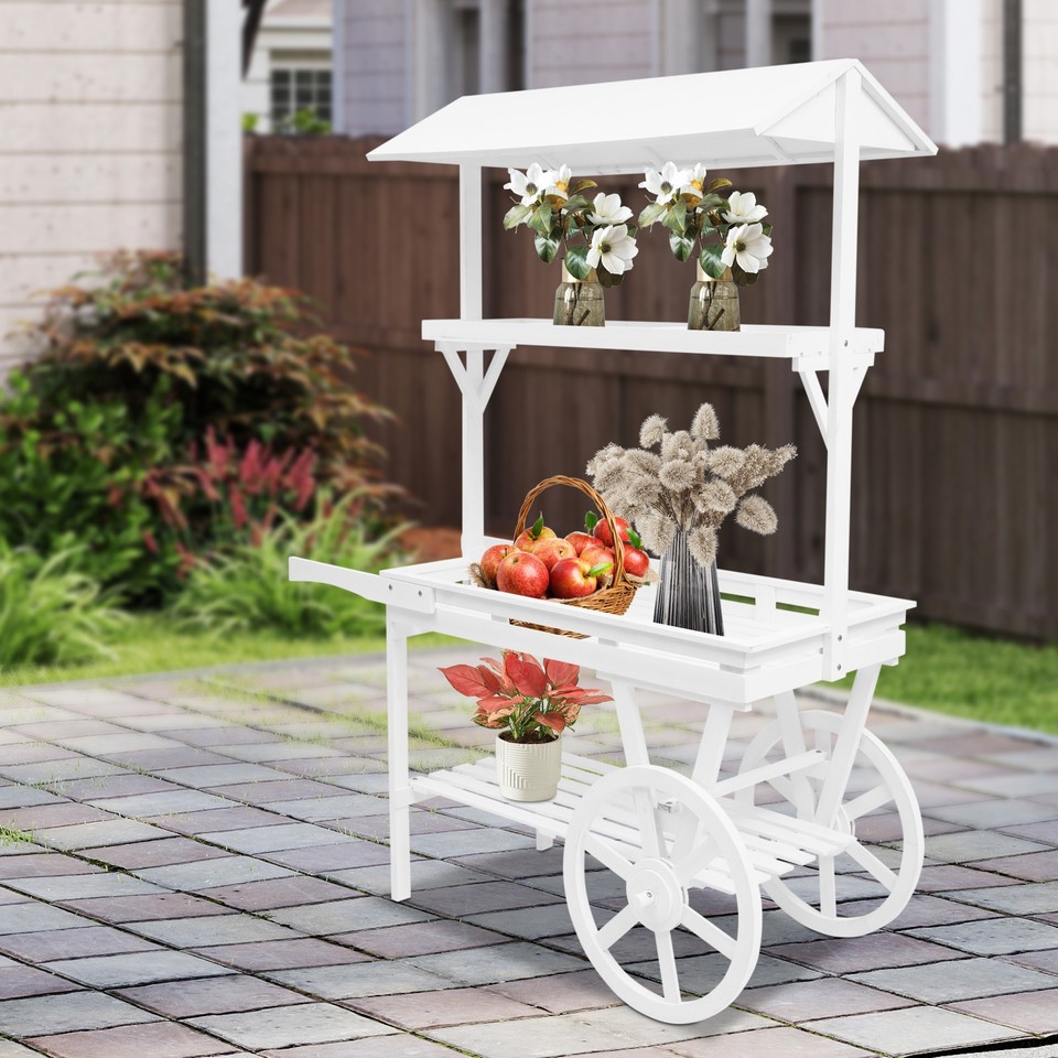 Retro Wooden Rolling Table Cart 2 Wheels Flower Display Stand Lemonade ...