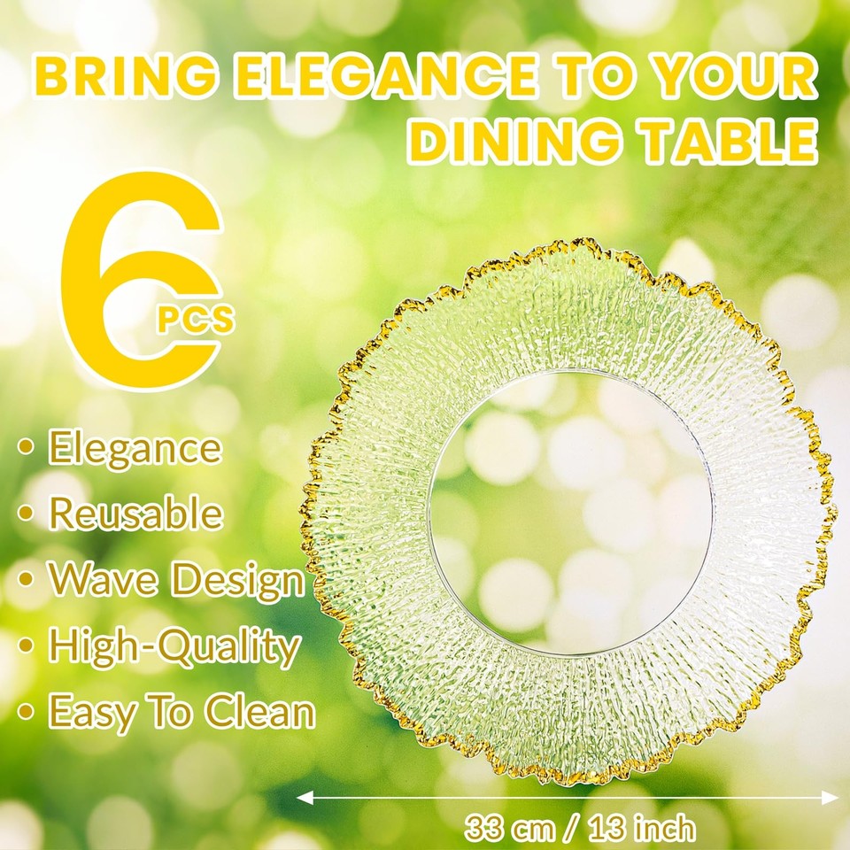 6pcs Clear and Gold Charger Plates Set 13inch,Gold Chargers Heavy Duty ...