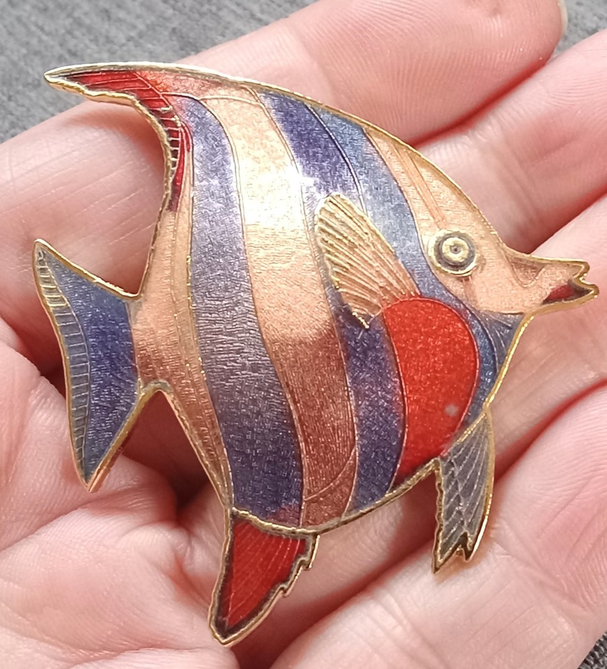 Vintage 80s Genuine Cloisonne Angelfish Tropical Fish Pin Brooch Gold ...