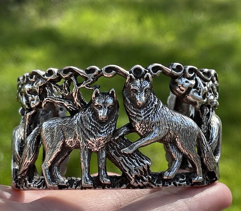 VTG Sterling Silver Wolf Cuff Bracelet Native America… - Gem