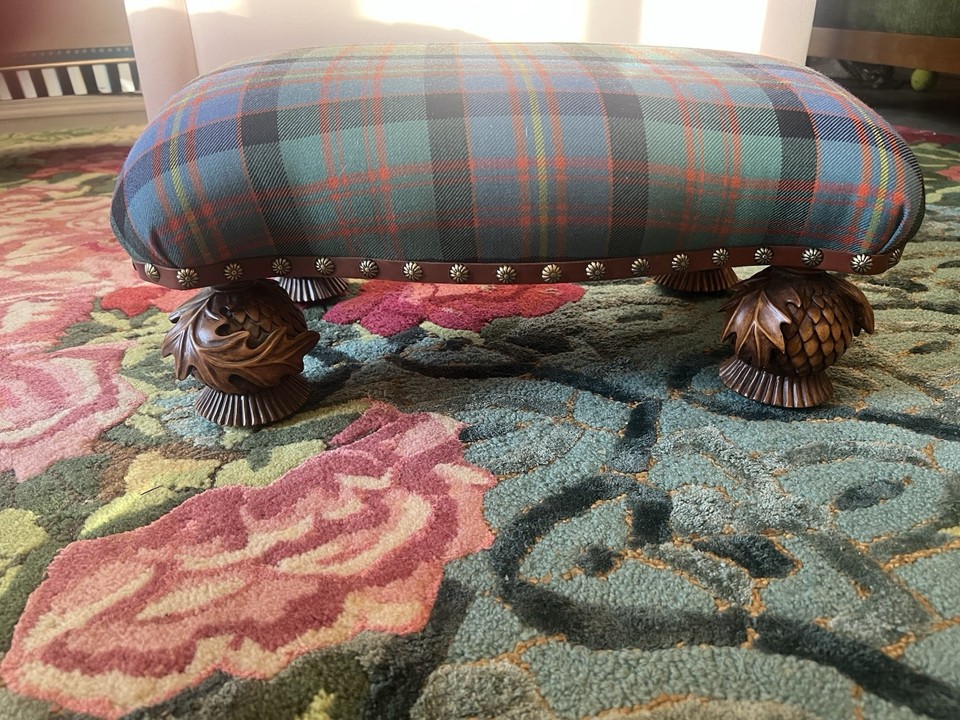 Rare Mackenzie Childs Vintage Thistle Blue Tartan Footstool Ottoman ...