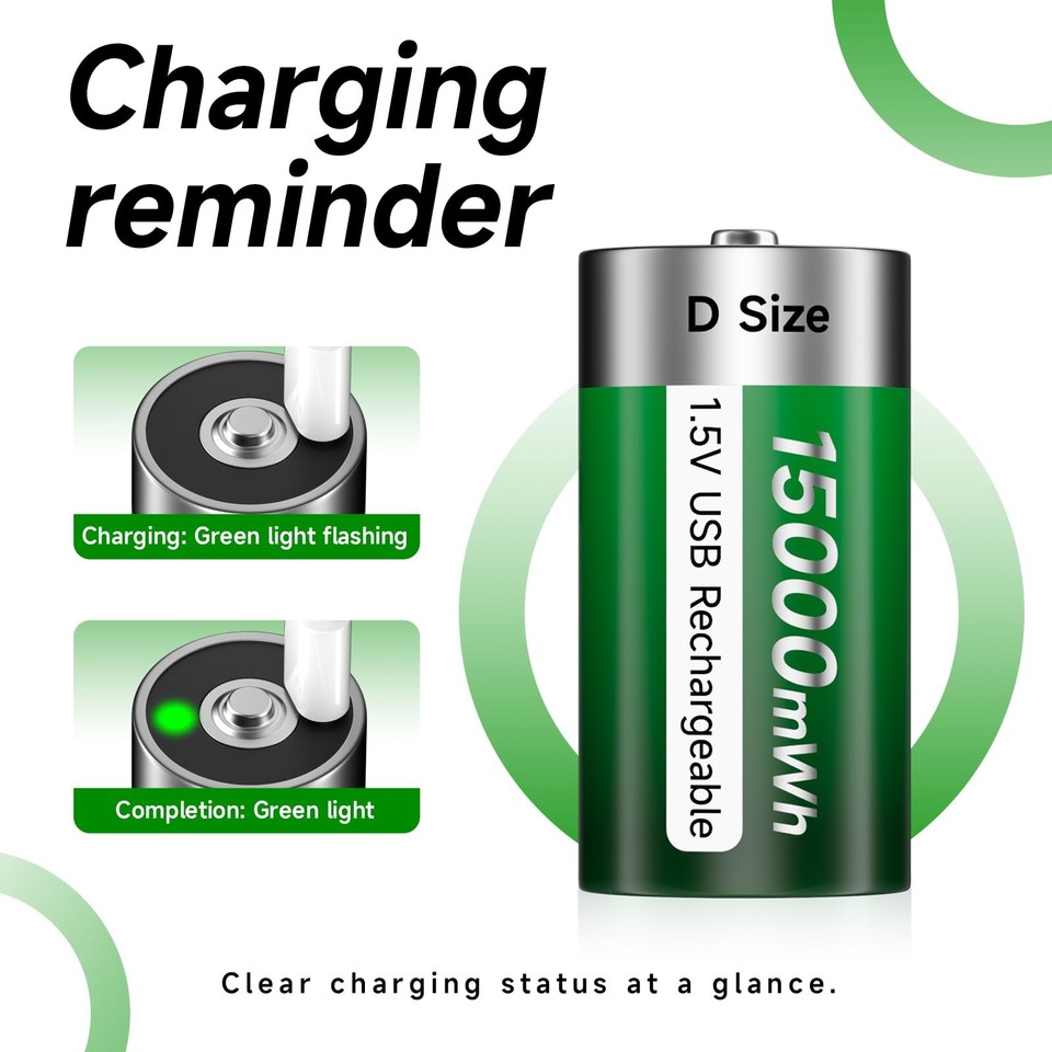 USB D Rechargeable Battery Lithium 1.5V Constant Output 15000mWh Li-ion ...