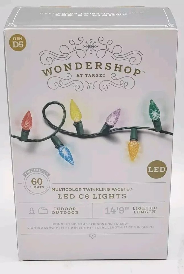 Wondershop 60 LED Faceted C6 Christmas String Lights/Twinkling/Multi ...