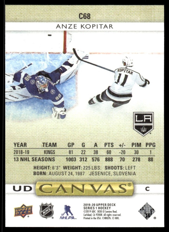 2019-20 Upper Deck UD Canvas Anze Kopitar Los Angeles Kings #C68 | eBay