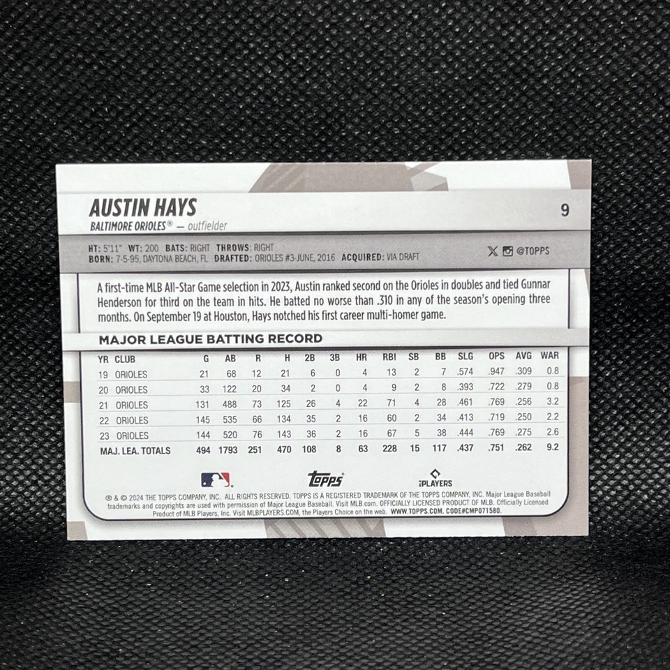 Austin Hays 2024 Topps Big League Baseball Card #9 Baltimore Orioles | eBay