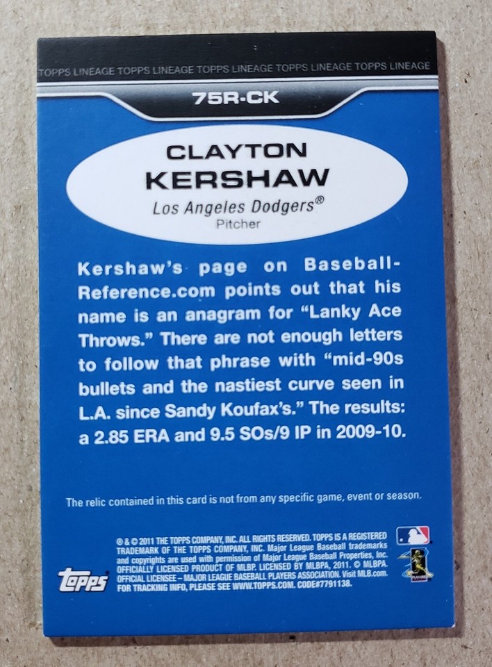 2011 Topps Lineage Mini Clayton Kershaw Game Used Jersey Los Angeles ...