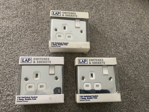 3 x LAP 13A Switched Socket 1 Gang Double Pole Polished Chrome White ...