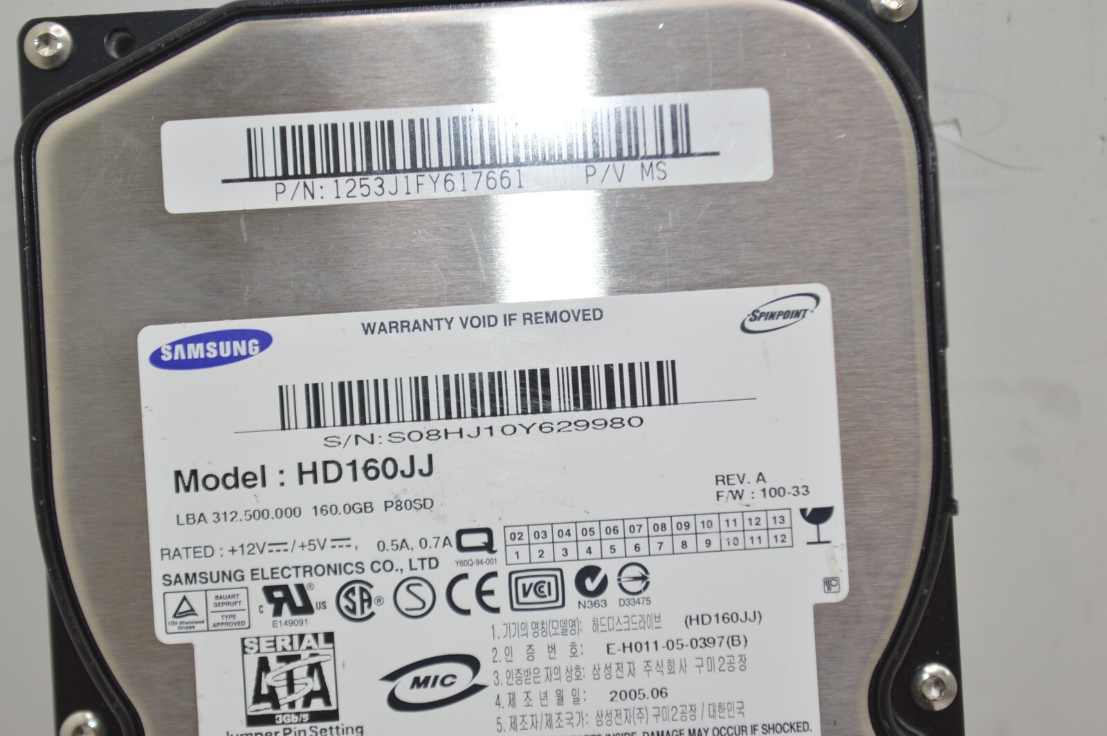 Samsung HD160JJ/P REV.A FW:ZM100-34 (P/V FS) 160gb 3.5" Sata Hard Drive ...