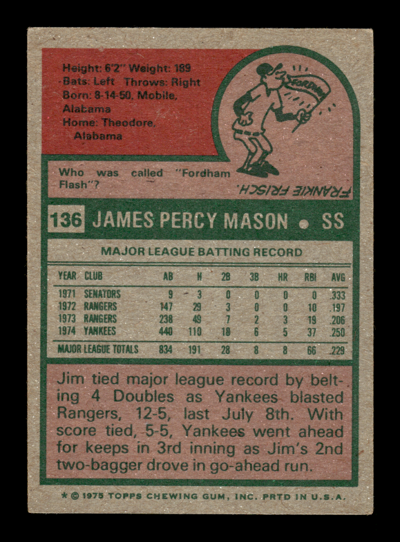 1975 Topps # 136 Jim Mason Autograph Signed Card (M2) New York Yankees ...