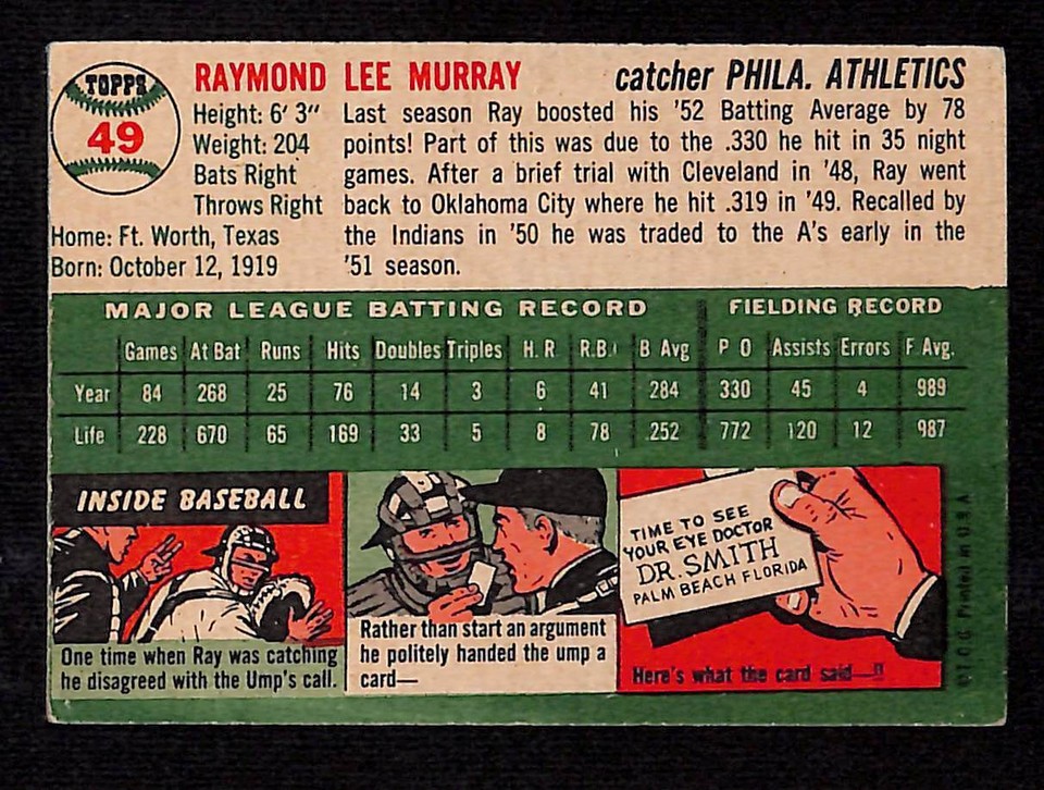 1954 Topps #49 Ray Murray - EX/NM - Set Break! | eBay
