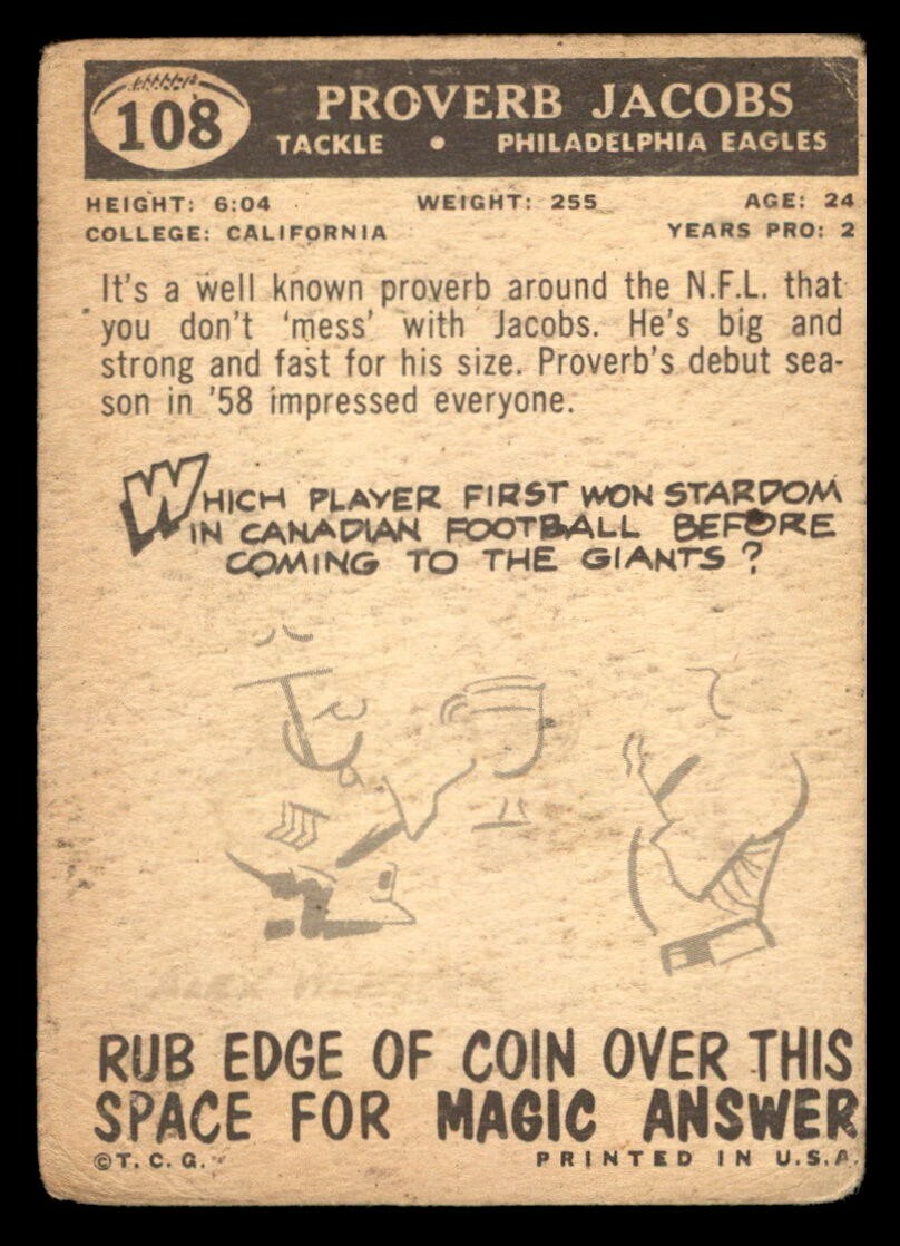 1959 Topps Football #108 Proverb Jacobs PR | eBay