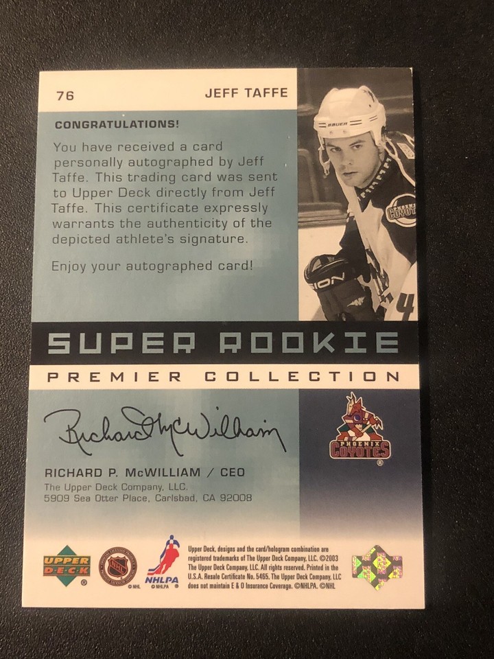 2002-03 Upper Deck Premier Collection /199 Jeff Taffe #76 Rookie Auto ...