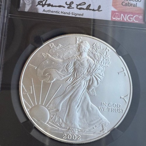 2002 AMERICAN SILVER EAGLE NGC MS70 ANNA CABRAL SIGNED FLAG LABEL LOW ...
