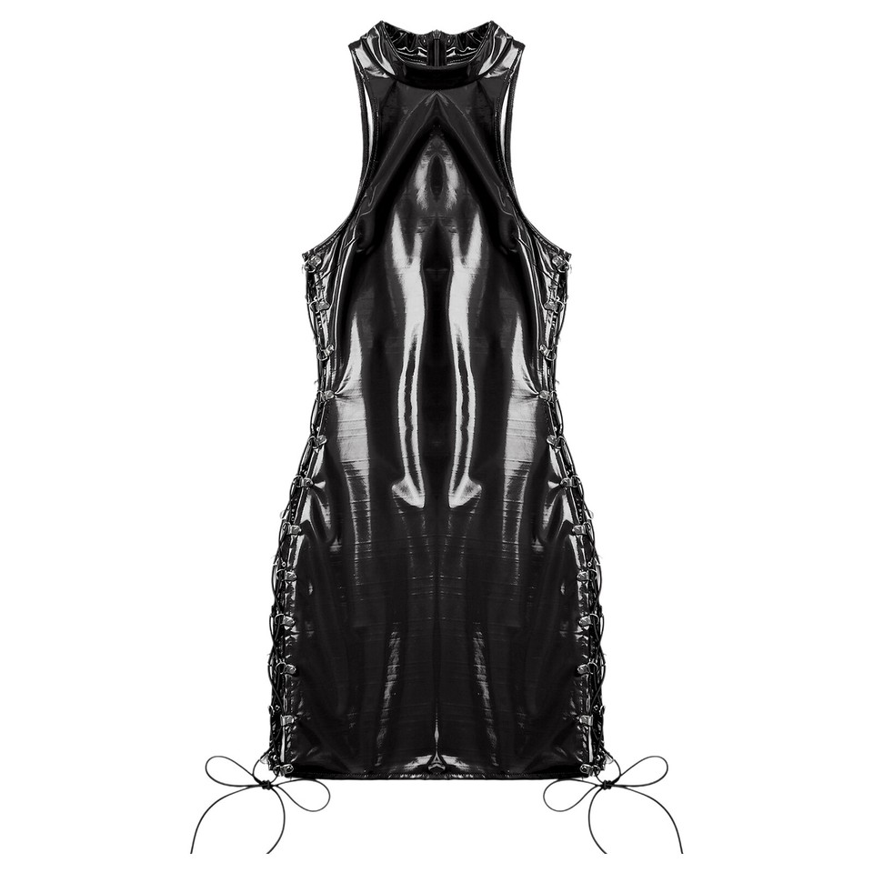 Womens Wet Look Patent Leather Bodycon Dress Side Lace Up Mini Dress