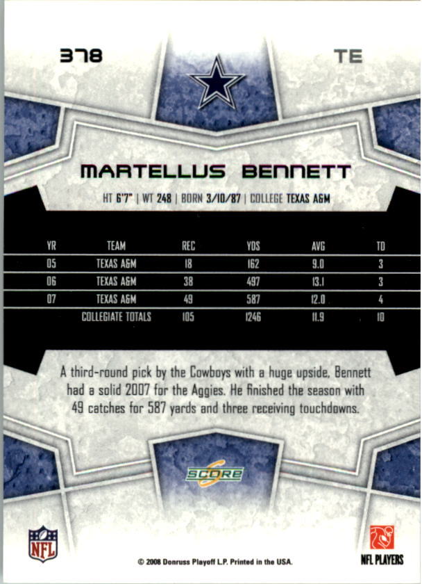2008 Score Dallas Cowboys Football Card #378 Martellus Bennett Rookie ...