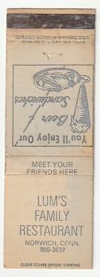 MATCHBOOK COVER - LUM'S FAMILY RESTAURANT - NORWICH CONNECTICUT - BEER ...