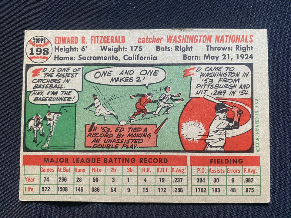 1956 TOPPS BASEBALL #198 - ED FITZGERALD - WASHINGTON NATS - EXC/NMT ...