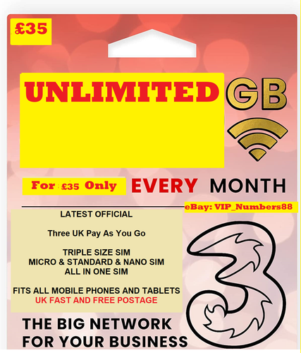 UNLIMITED INTERNET GB Three SIM Card 3G 4G 5G PAYG TRIO Pay As You Go ...