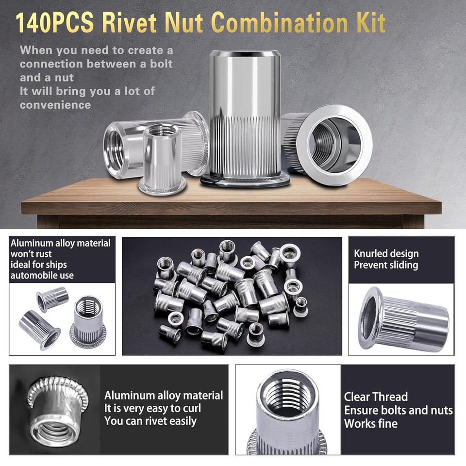 140 Rivet Nuts Metric Rivetnut Kit Aluminum Thread Insert M3 M4 M5 M6 ...