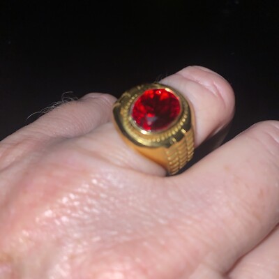 Heavy Men Women Gold Plated Stainless Steel Square Red Stone Ring 10.5 ...