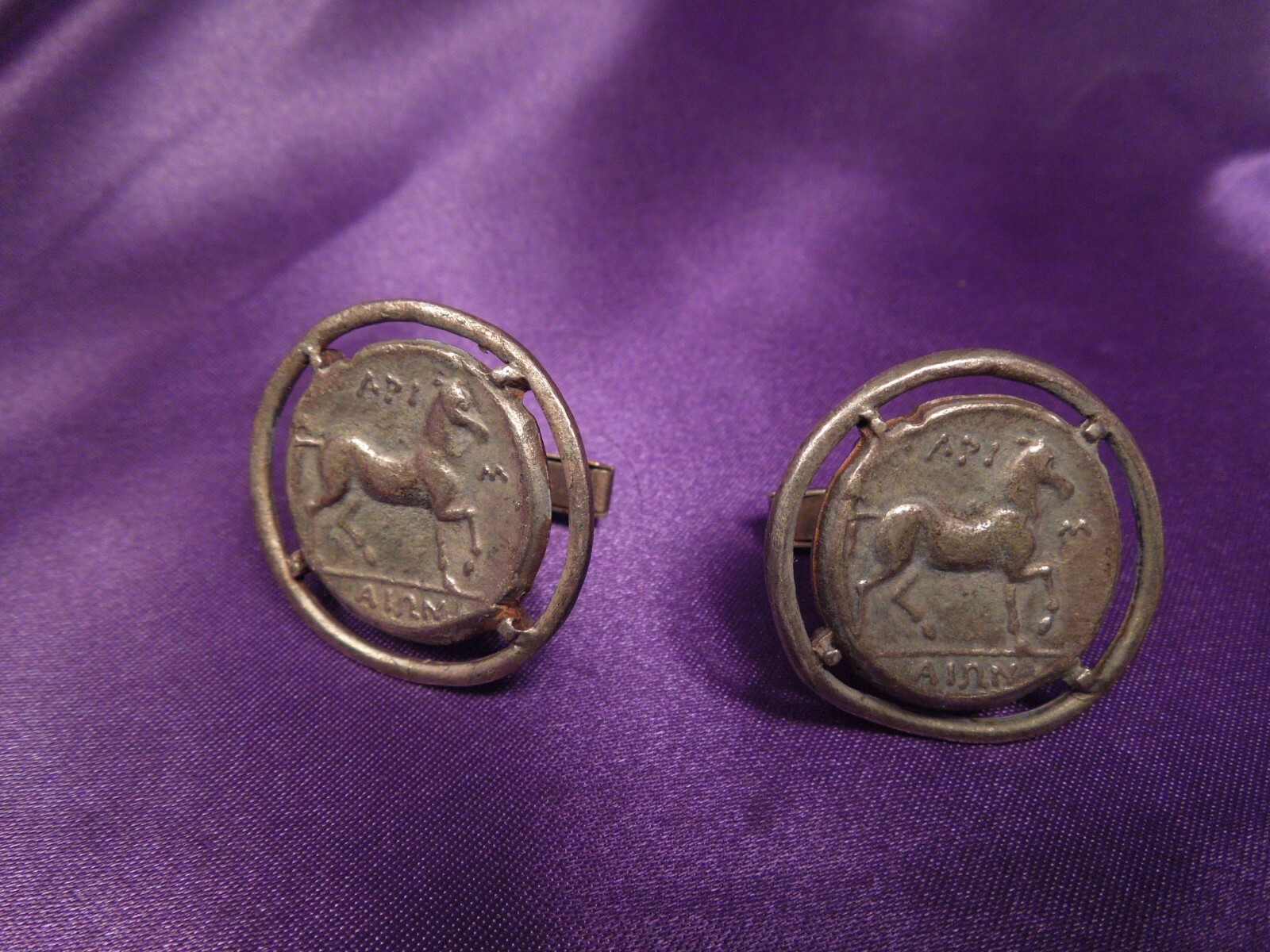 Vintage API Coin Silver Tone Horse Image Round Cufflinks ALVA Studios ...
