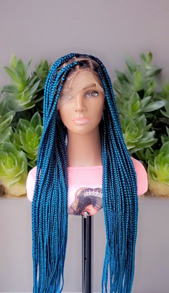 Handmade neat 46inch Blue colored full lace knotless braids wig. | eBay